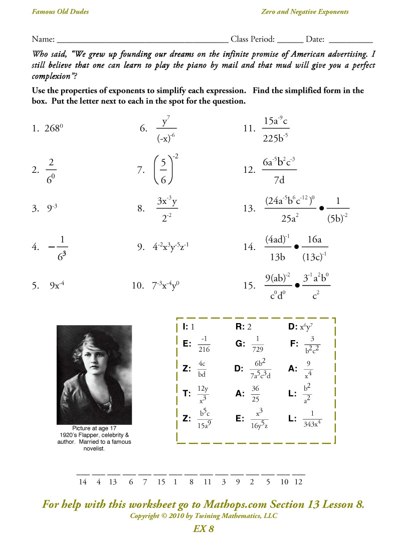 Printables Negative And Zero Exponents Worksheet Tempojs Thousands Of