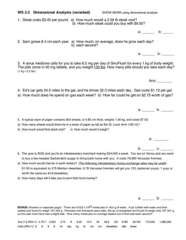 Printables Physics Dimensional Analysis Worksheet And Answers Tempojs Thousands Of Printable 